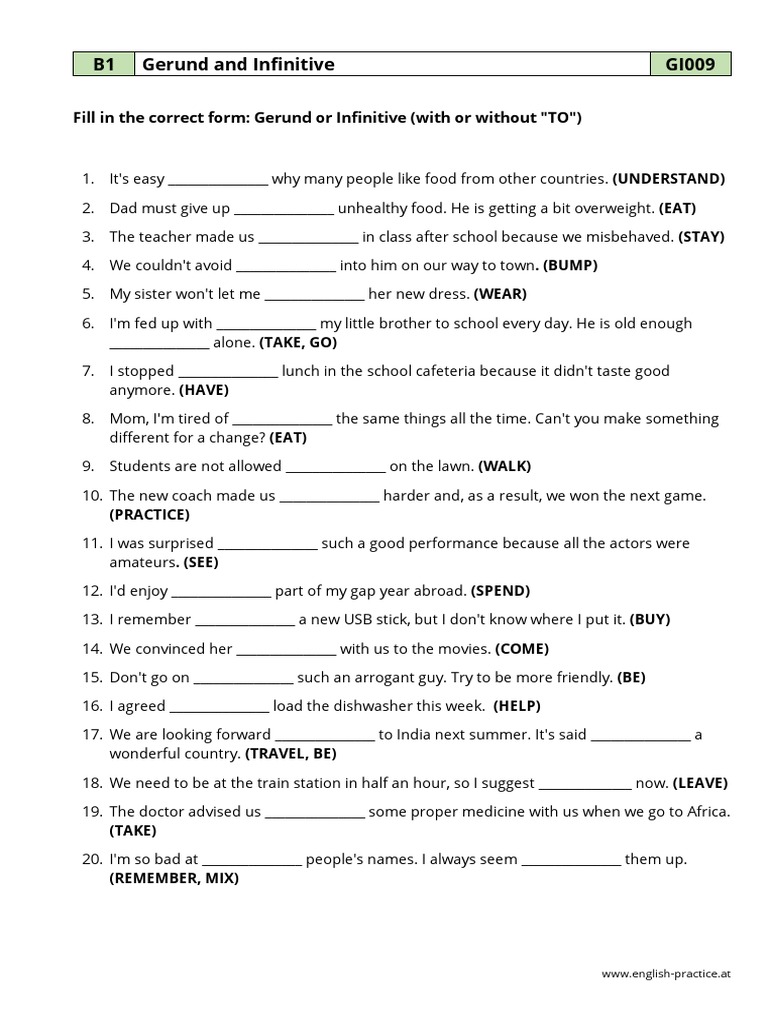 Gerund and Infinitive Practice Exercises | PDF