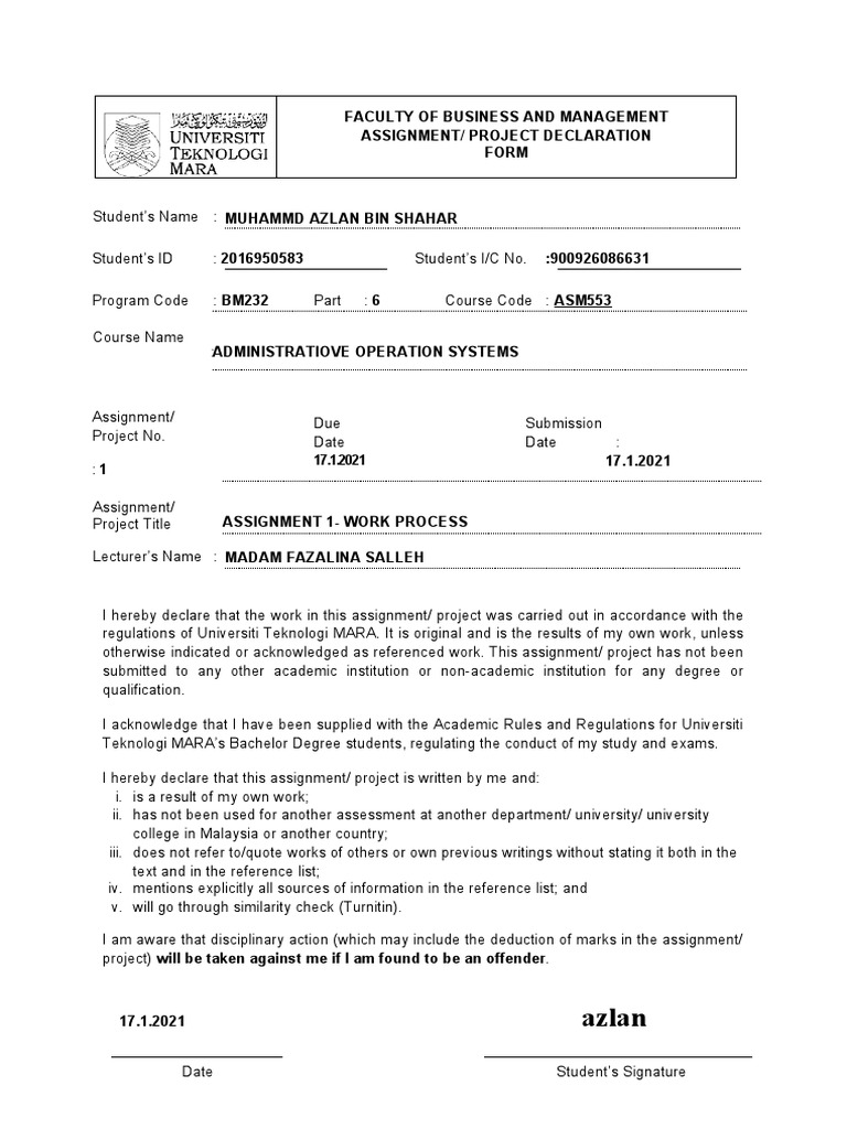 Assignment 1 Project Declaration Form ( | PDF
