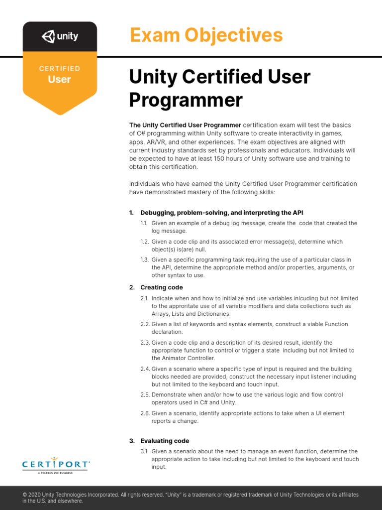 Unity Certified User Programmer: Exam Objectives | PDF | Programmer ...