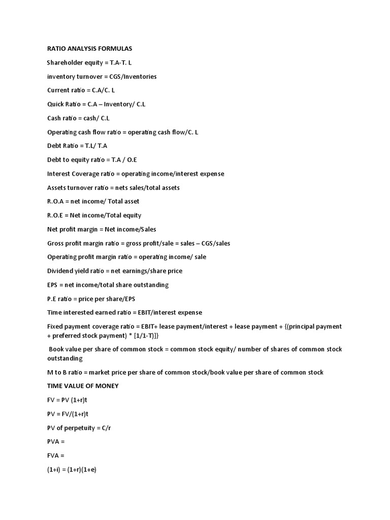 Ratio Analysis Formulas Overview | PDF | Finance & Money Management