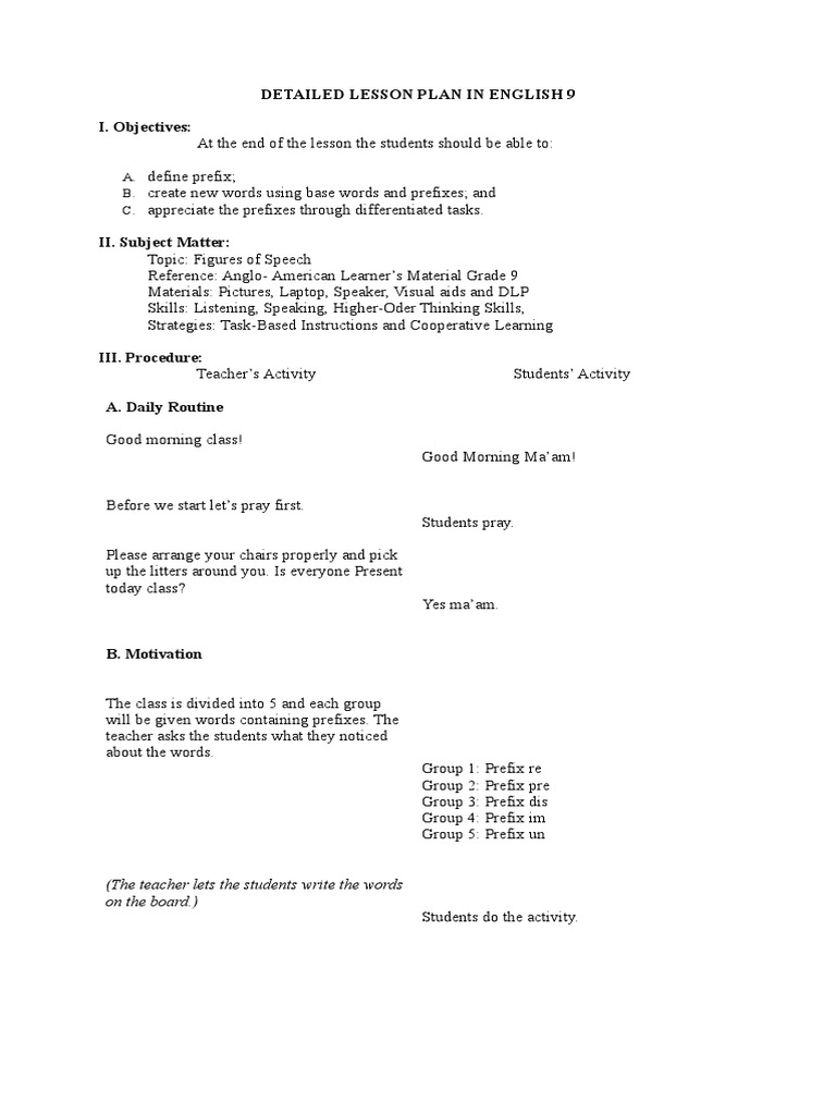 Detailed Lesson Plan in English 9 I. Objectives:: (The Teacher Lets The ...
