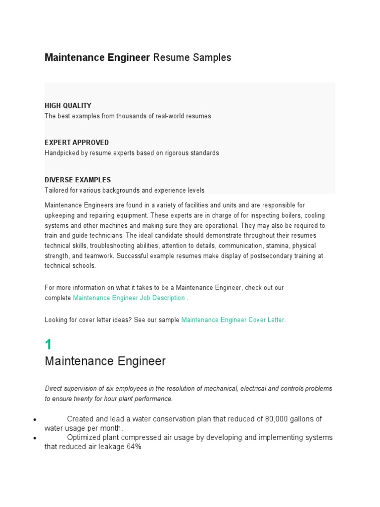 Maintenance Engineer Resume Samples | PDF | Pump | Engineer