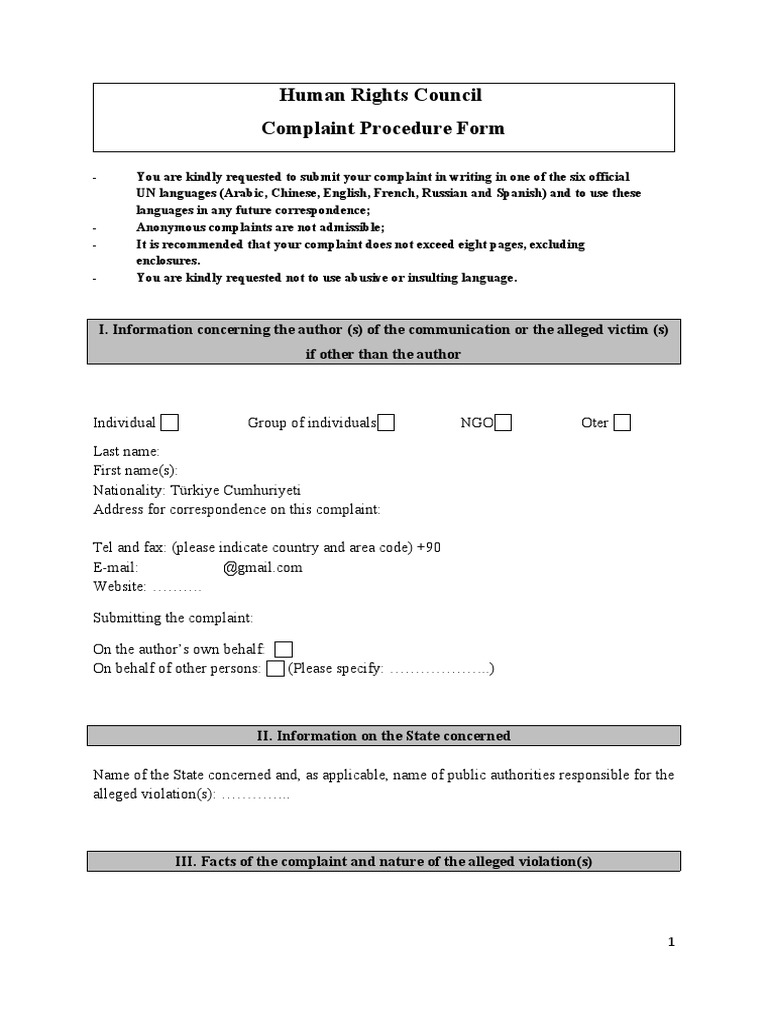 Human Rights Council Complaint Procedure Form | Download Free PDF ...