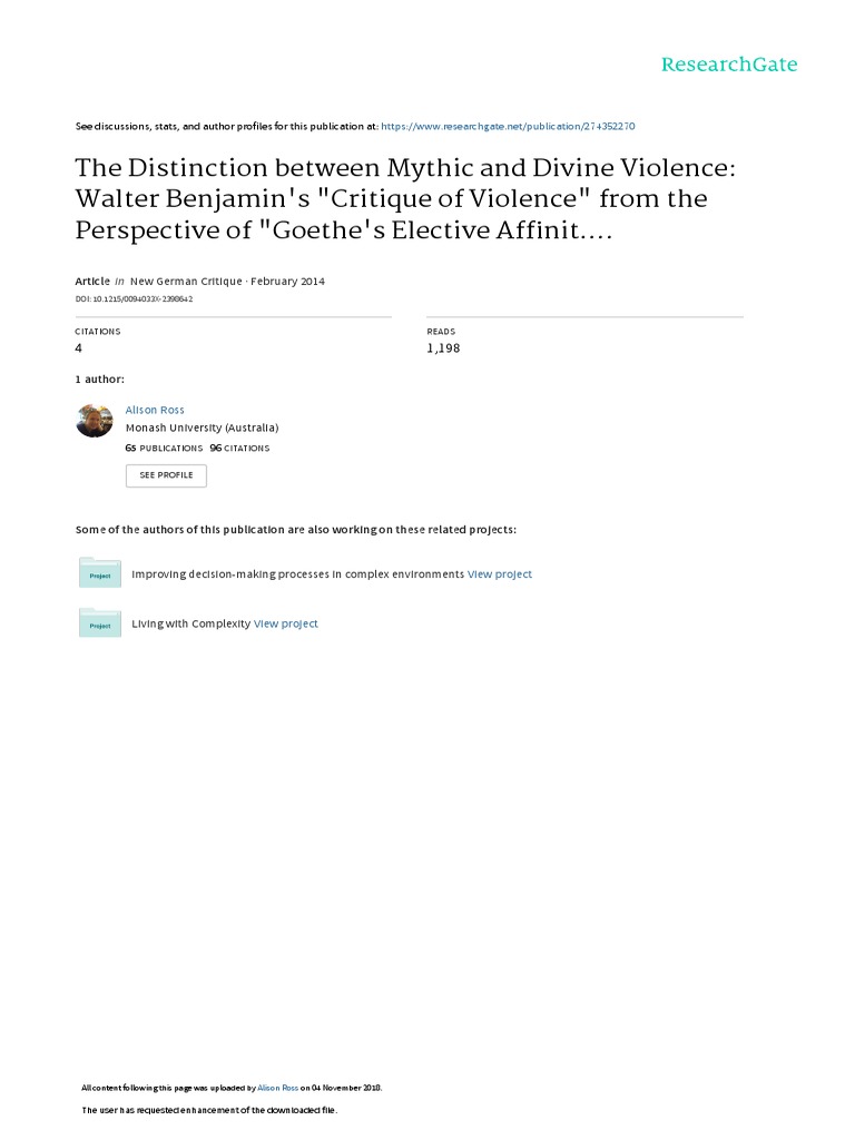 The Distinction Between Mythic and Divine Violence: Walter Benjamin's ...
