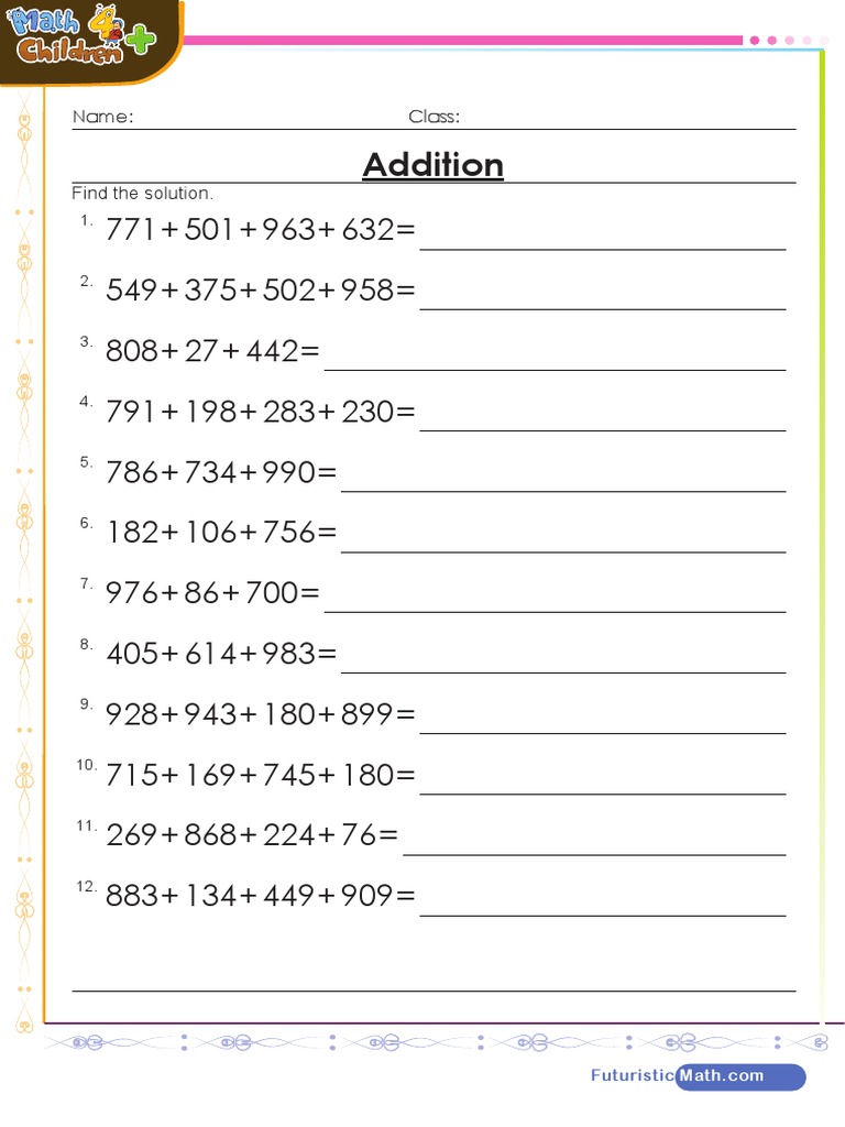 Addition of 4 Numbers Worksheet PDF | PDF