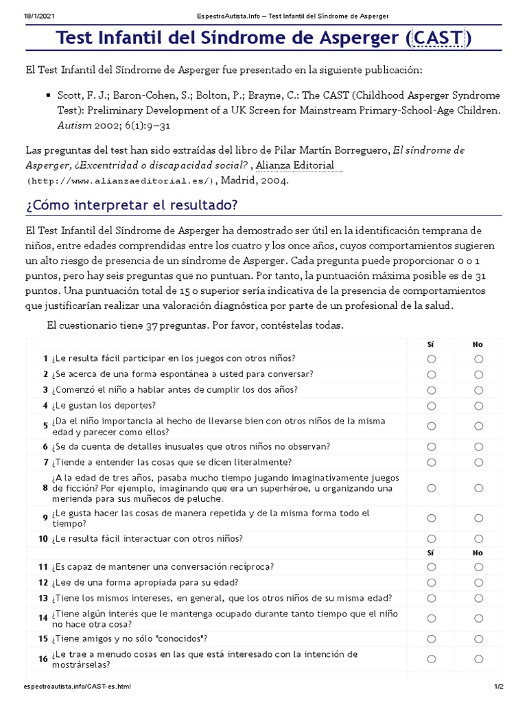 EspectroAutista - Info - Test Infantil Del Síndrome de Asperger 4 A 11 ...