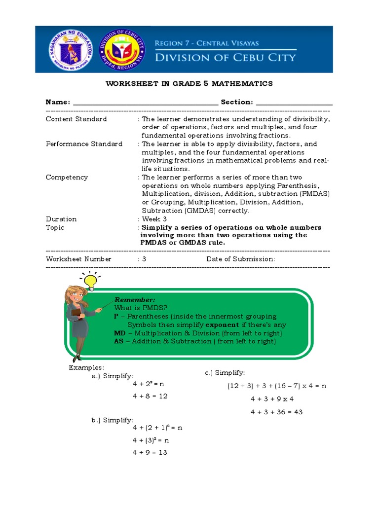 Worksheet in Grade 5 Mathematics Name: - Section | Download Free PDF ...