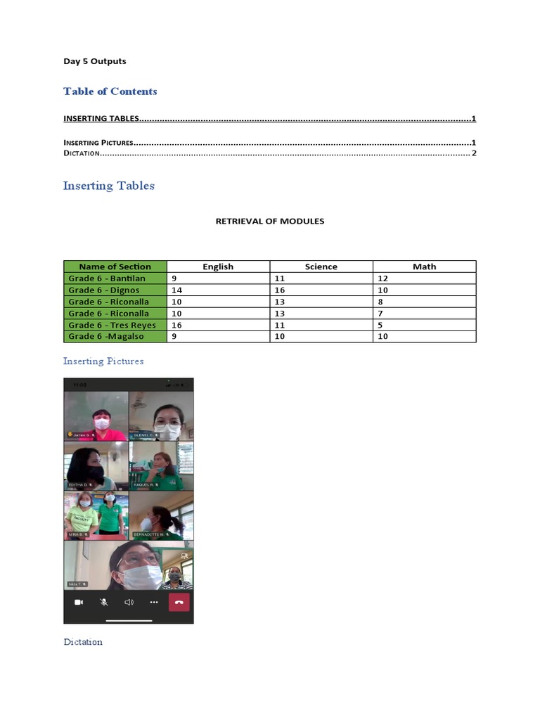 Inserting Tables: Day 5 Outputs | PDF