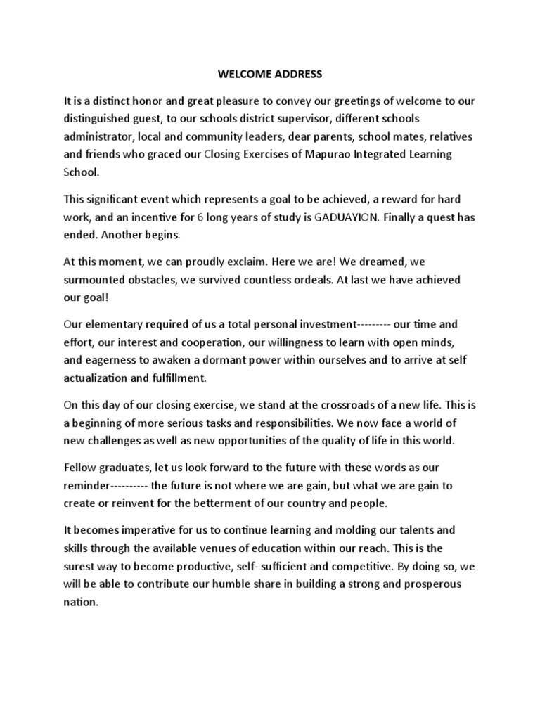Graduation Speech - Welcome Address | PDF