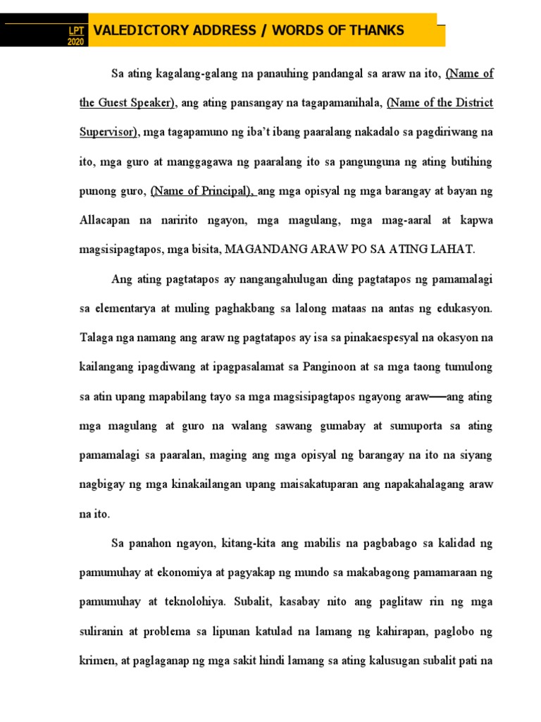 Graduation Speech - Valedictory Address - Filipino | PDF