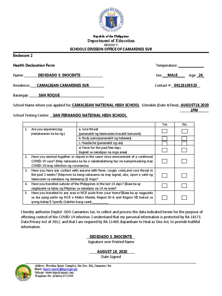 Deped - Health Declaration Form 2020 | PDF | Medicine | Clinical Medicine