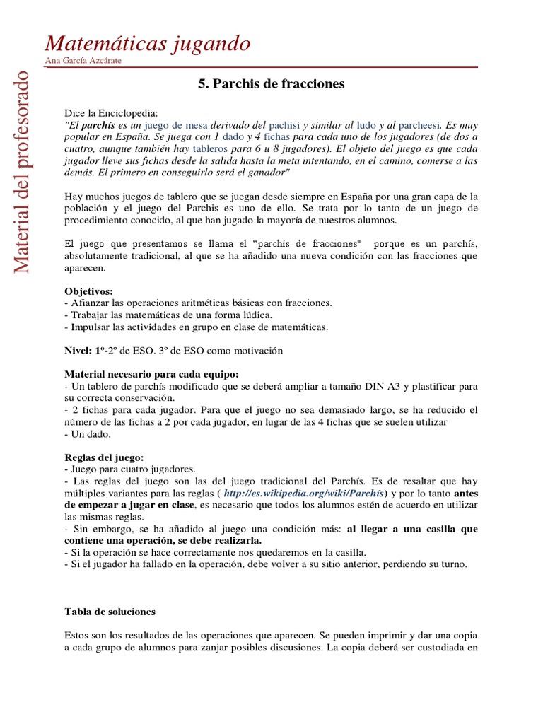 Matemáticas Jugando: 5. Parchis de Fracciones | PDF | Deportes | Juegos ...