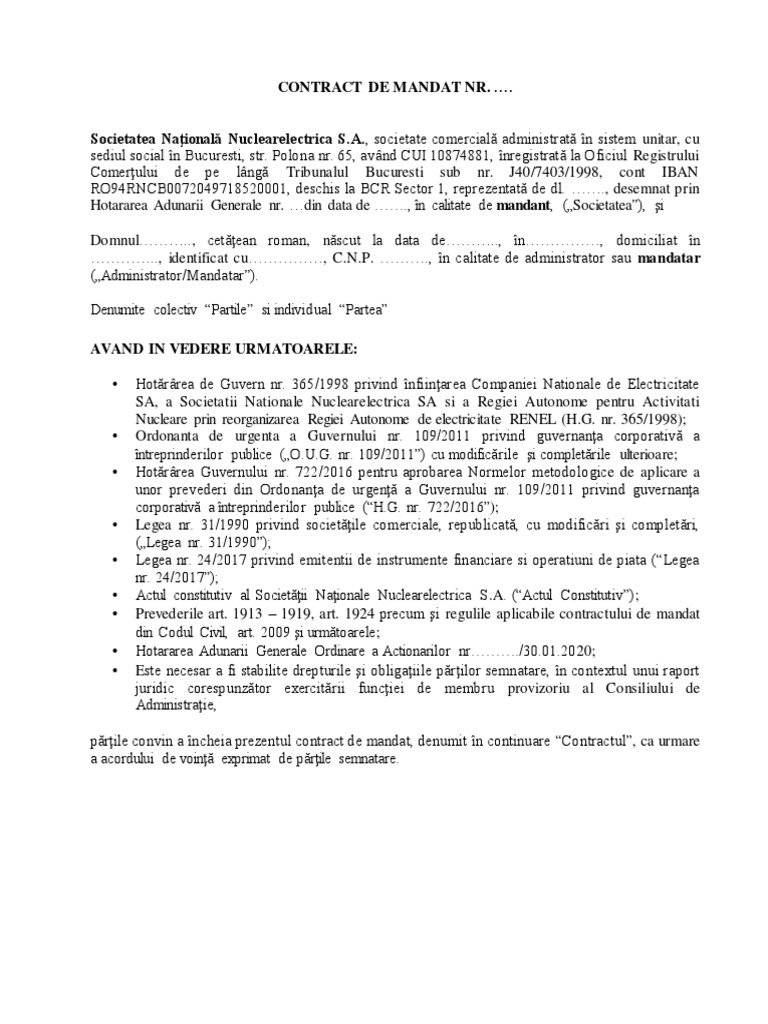 Contract de Mandat Provizoriu Numire Administrator Final | PDF