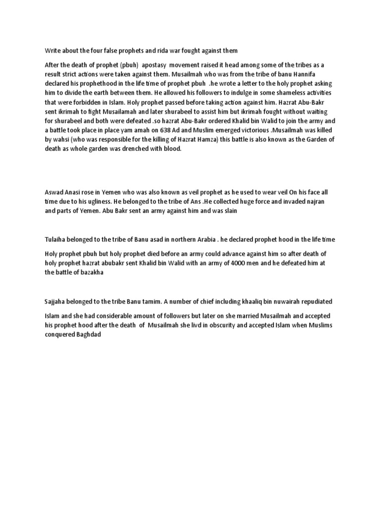 Write About The Four False Prophets and Rida War Fought Against Them | PDF
