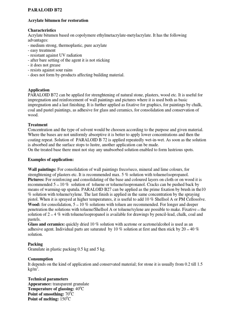 Paraloid B72: Restoration and Application Guide | PDF | Paintings | Toluene