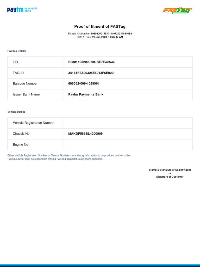 Proof of Fitment of Fastag: E2801105200078Cbe7E30A36 | PDF