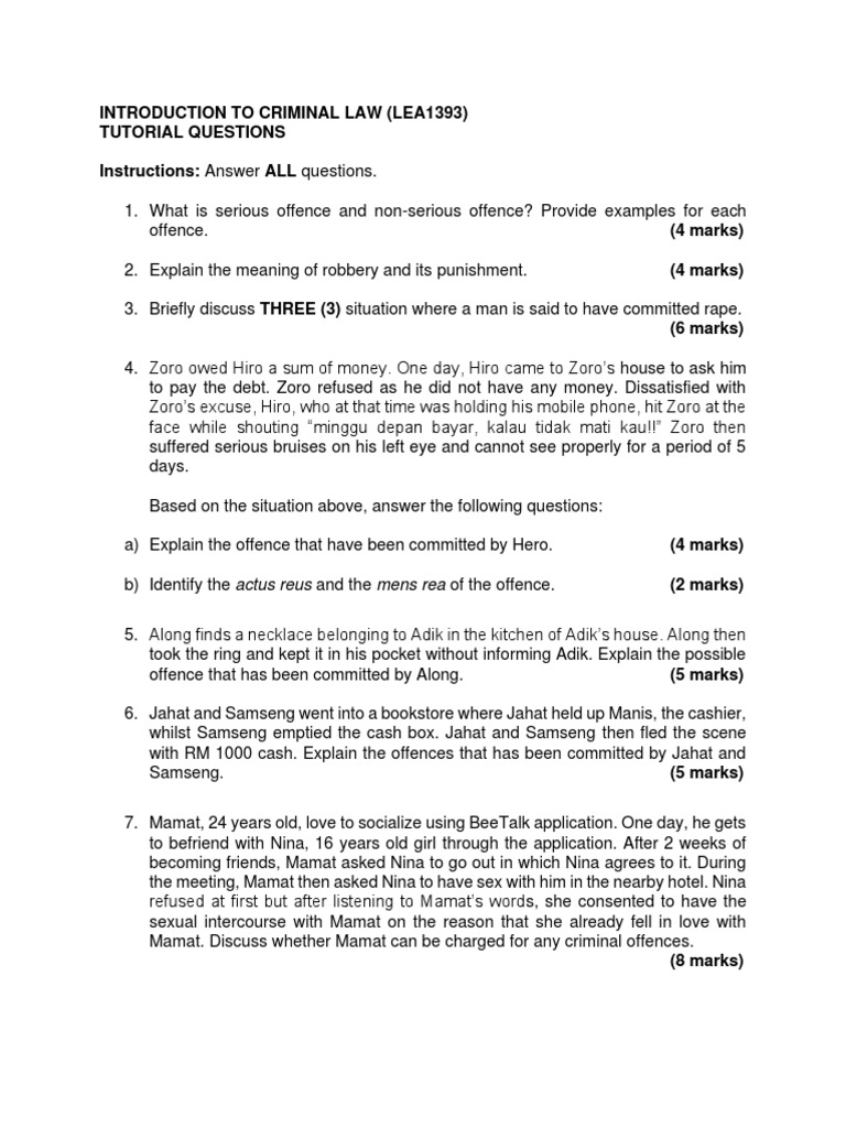 Introduction To Criminal Law (Lea1393) Tutorial Questions Instructions ...