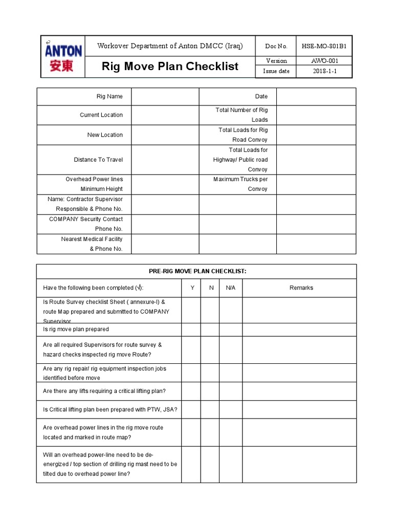 Attachment B1 Rig Move Plan Checklist | PDF | Drilling Rig | Crane (Machine)