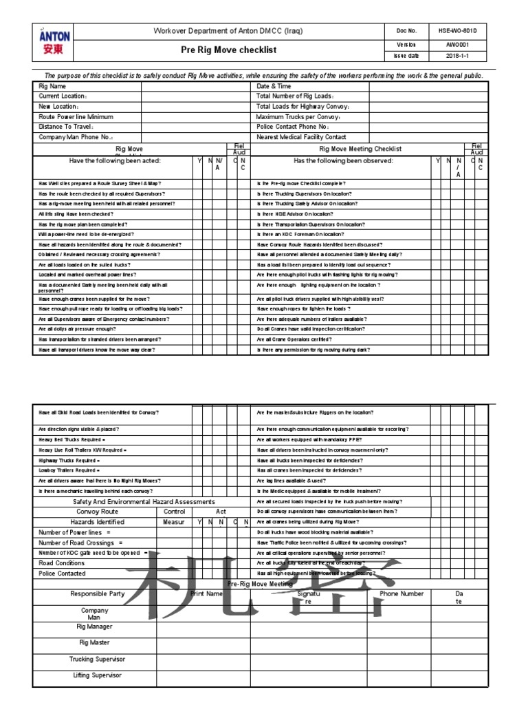 Attachment D Pre Rig Move Checklist | PDF | Convoy | Crane (Machine)