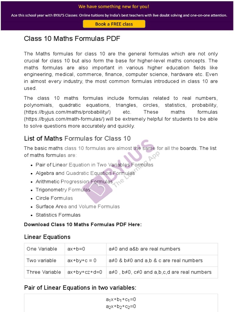 Maths Formulas For Class 10 PDF | PDF | Area | Trigonometric Functions