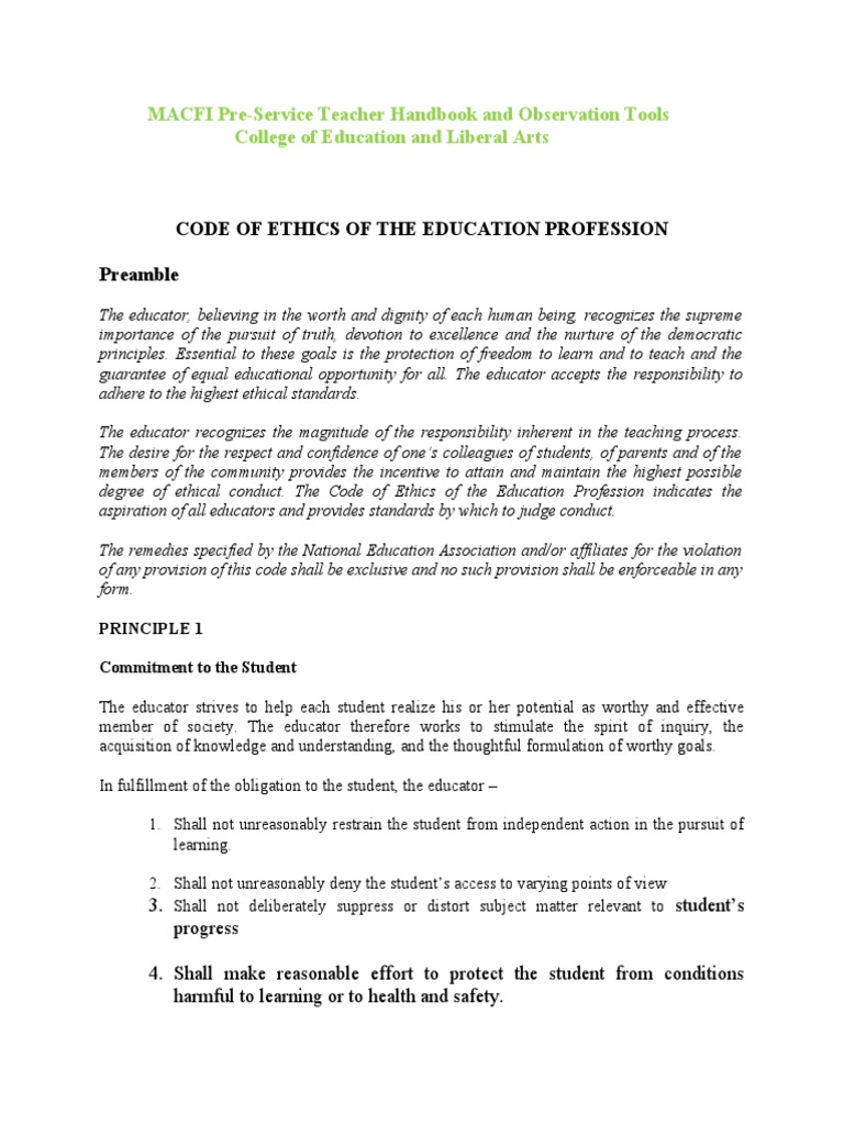 Code of Ethics of The Education Profession Preamble | PDF | Teachers ...