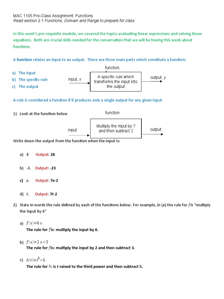 1105 Pre-Class Assignment Week 1 (Functions) | PDF | Domain Of A Function | Function (Mathematics)