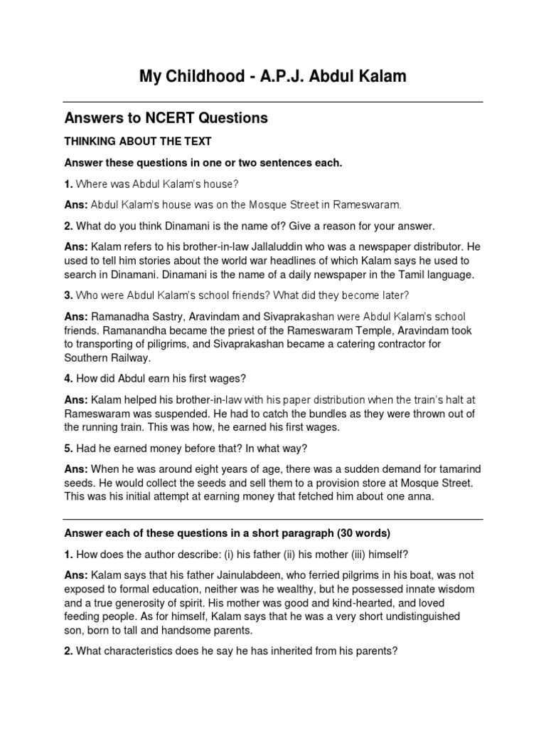My Childhood - A.P.J. Abdul Kalam: Answers To NCERT Questions | PDF