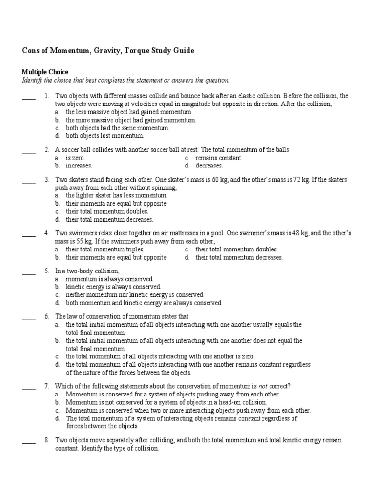 Cons of Momentum Gravity Torque Study Guide | PDF | Collision | Momentum