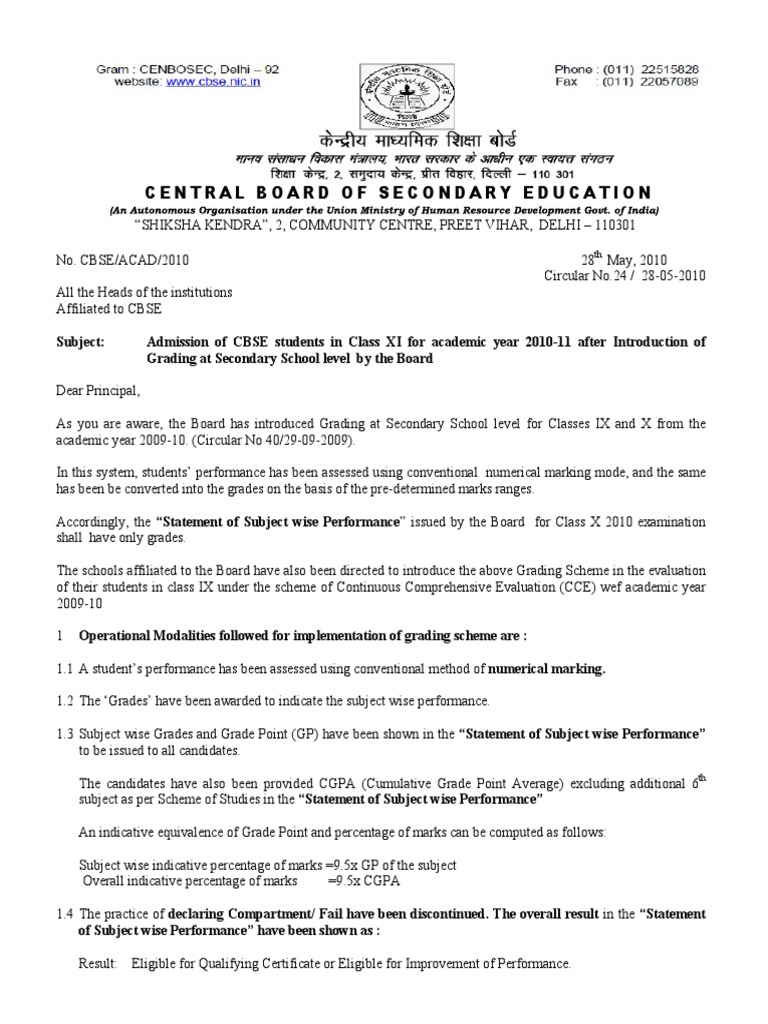 CBSE Class 10 CGPA to Percentage Guide | PDF | University And College ...
