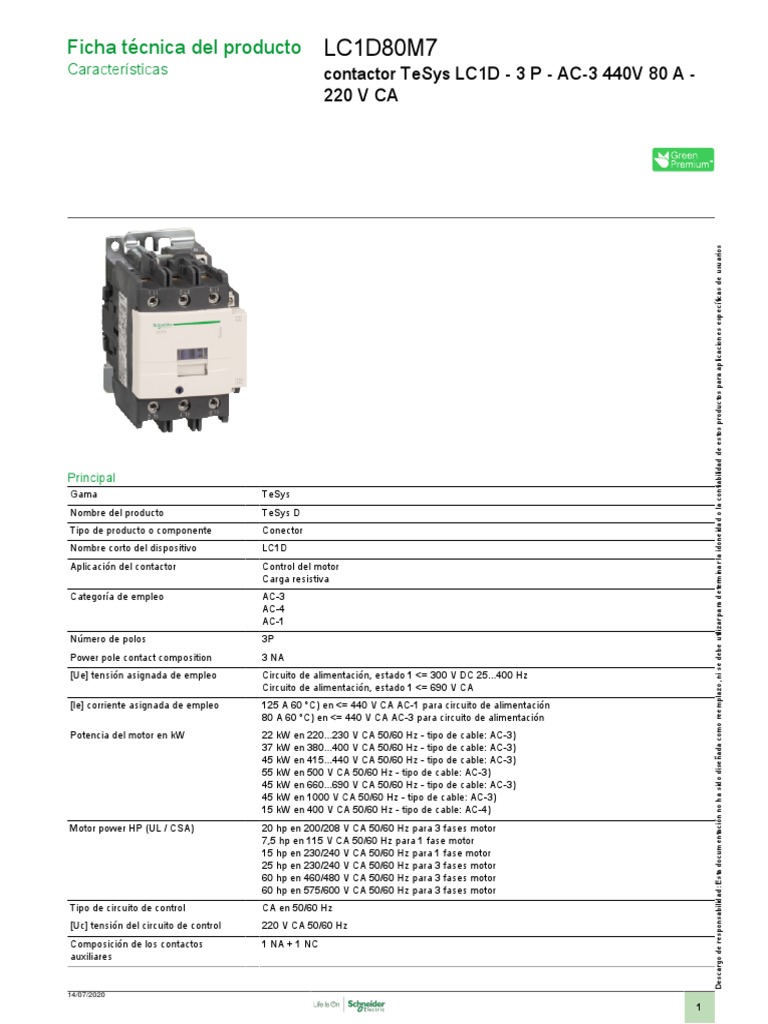 TeSys D - LC1D80M7 | PDF | Corriente alterna | Ingenieria Eléctrica