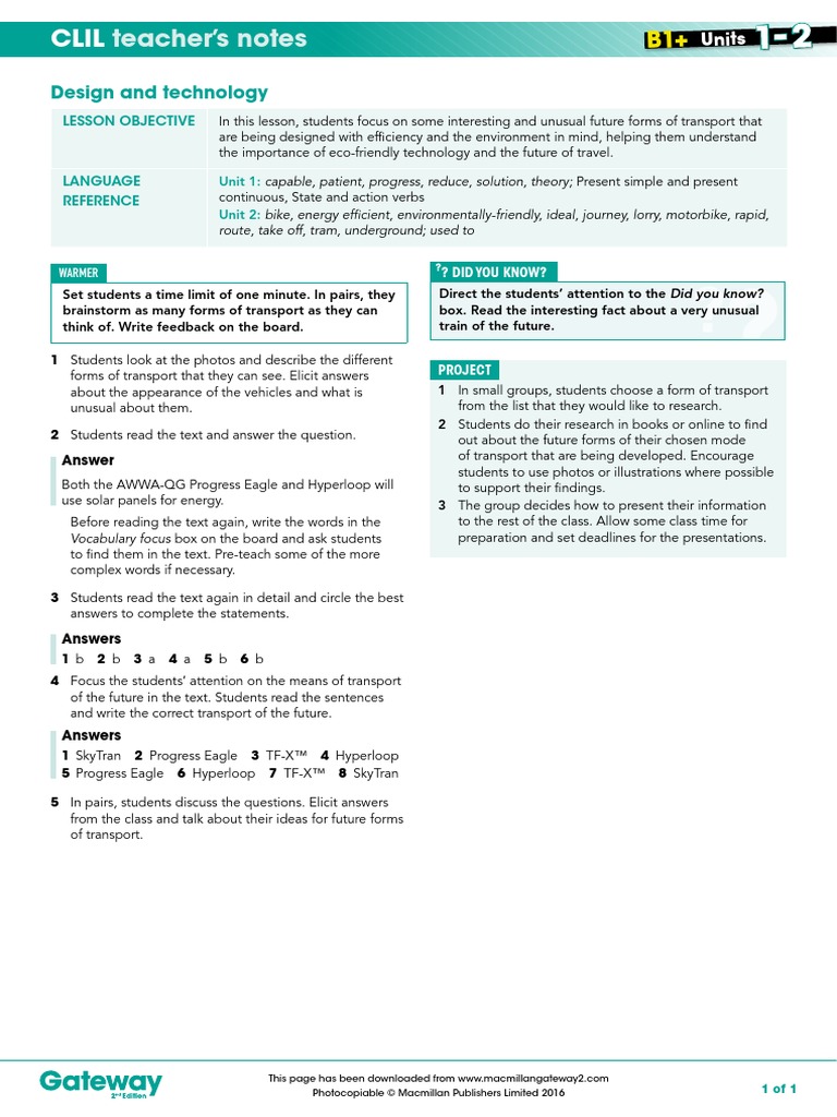 B1+ UNITS 1 and 2 CLIL Teacher's Notes | Download Free PDF | Hyperloop ...