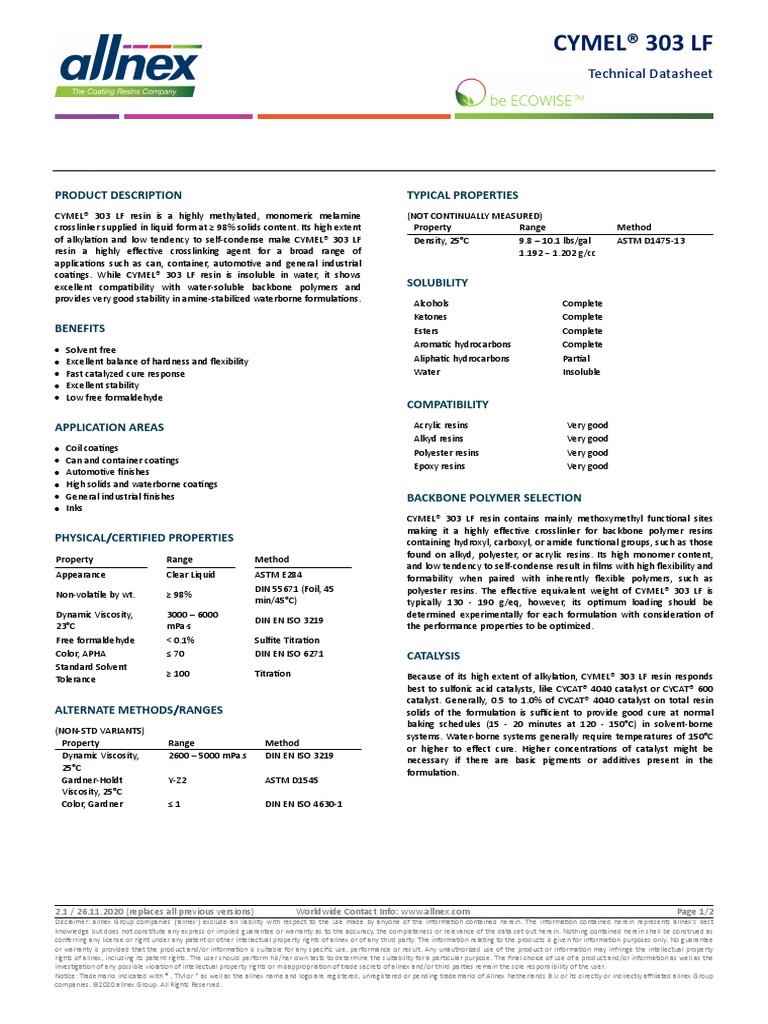 Cymel® 303 LF: Product Description Typical Properties | PDF | Cross ...