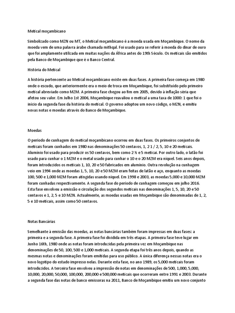 História e Moeda do Metical Moçambicano | PDF | Moçambique | Moeda