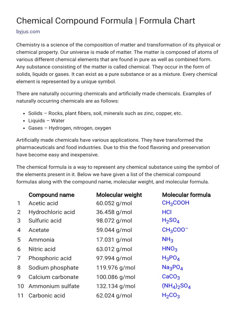 Chemical Compound Formula - Formula Chart | PDF | Chemical Substances ...