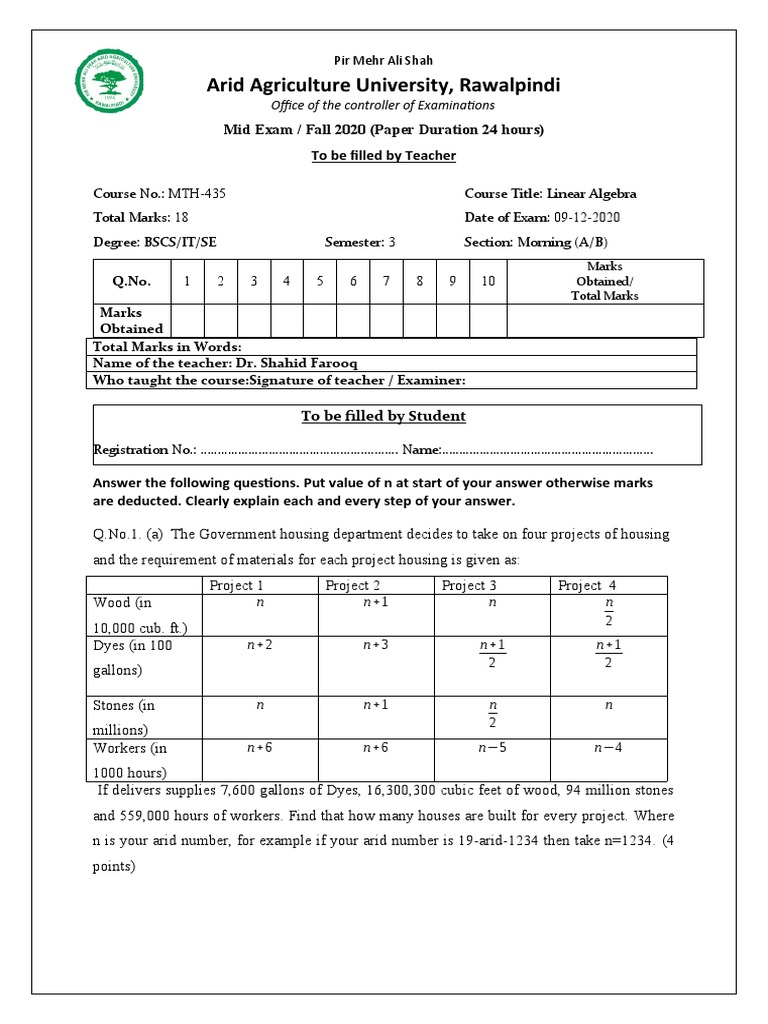 Linear Algebra Exam Fall 2020 | PDF | Linear Algebra | Applied Mathematics
