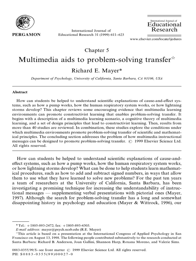 (1999 Mayer) Multimedia Aids To Problem-Solving Transfer | PDF | Educational Psychology ...