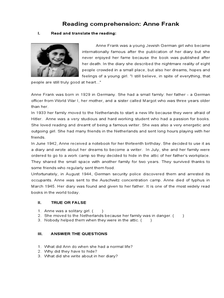 Reading Comprehension: Anne Frank: I. Read and Translate The Reading ...