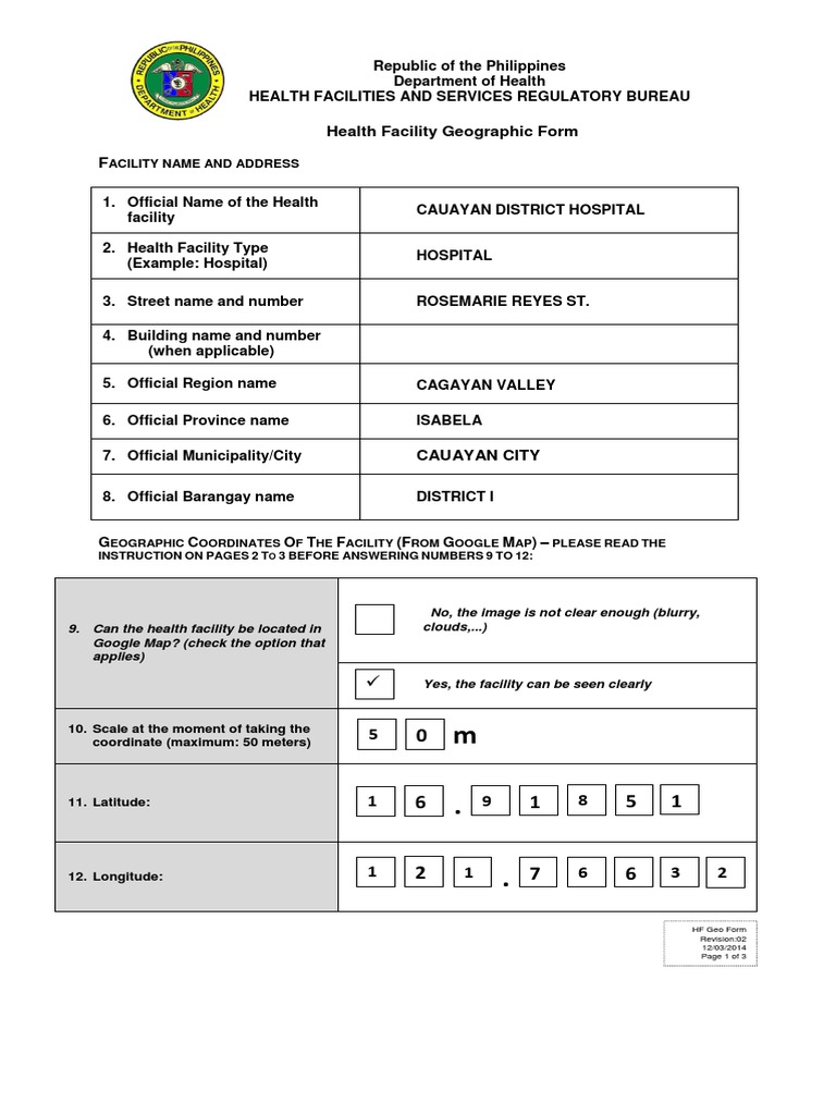 Health Facility Geographic Form F: Acility Name and Address | PDF