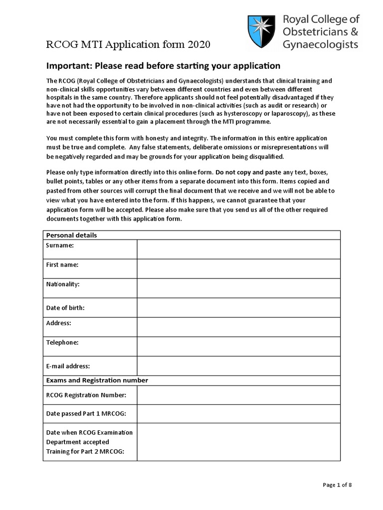 RCOG MTI Application Form 2020: Important: Please Read Before Starting ...