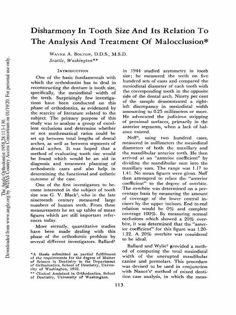 Boltons Analysis | Download Free PDF | Orthodontics | Dentistry Branches