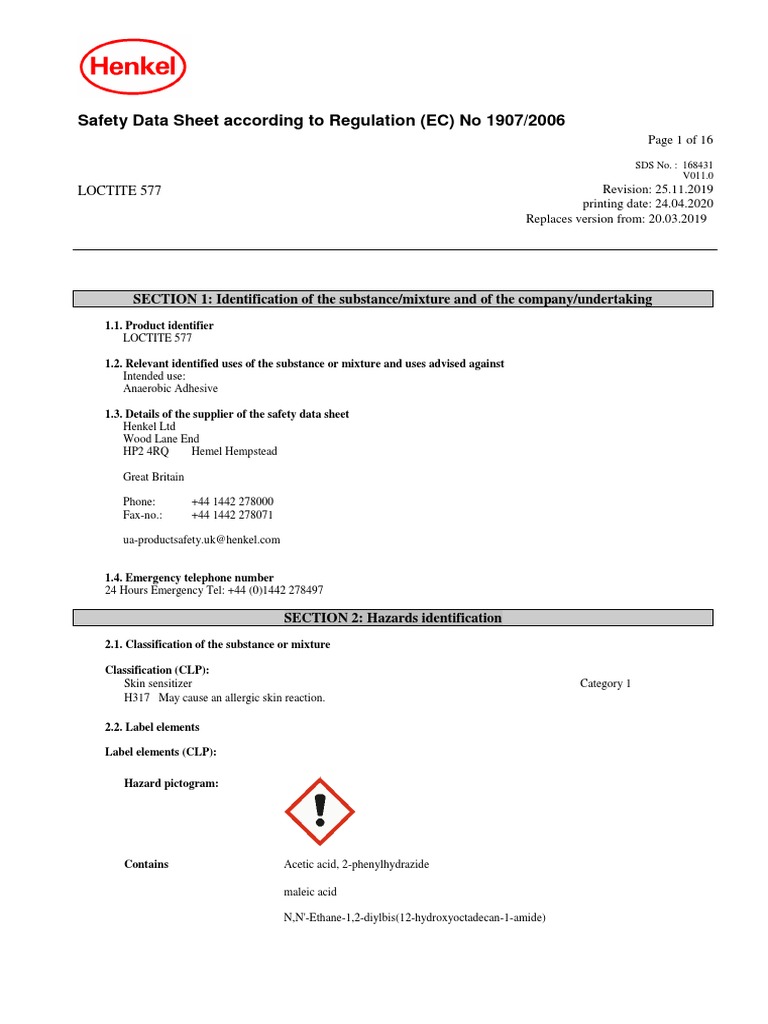 MSDS Loctite 577 | PDF | Toxicity | Occupational Safety And Health