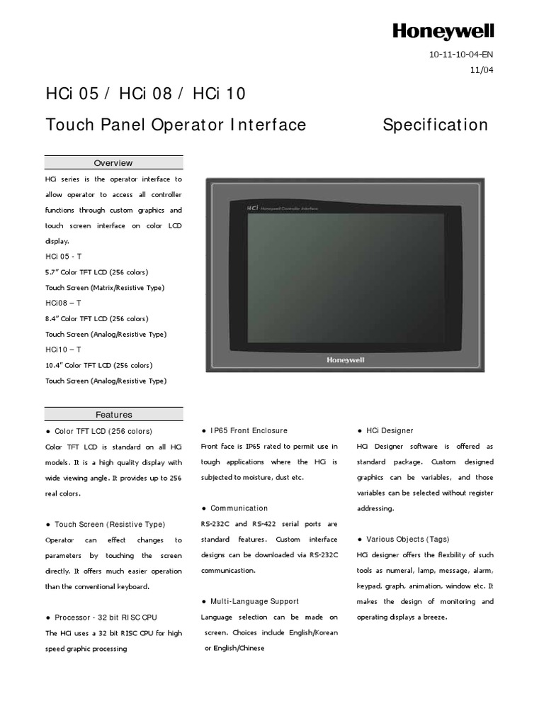 Hci 05 / Hci 08 / Hci 10 Touch Panel Operator Interface Specification ...