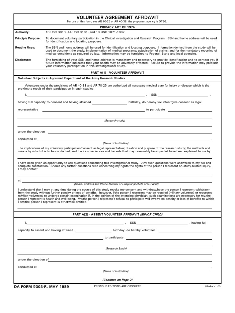 Volunteer Agreement Affidavit For Use of This Form, See | PDF | Consent ...