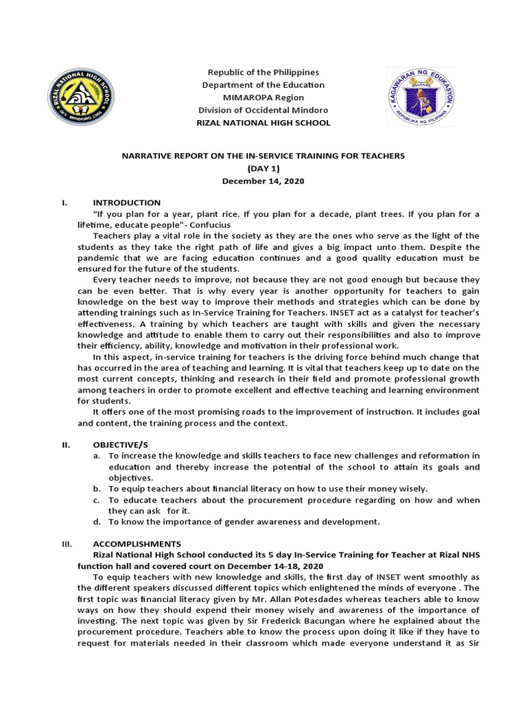 Inset Narrative Day 1 | PDF | Teachers | Learning