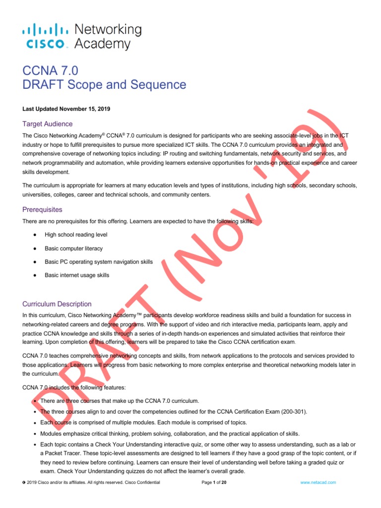 CCNA 7.0 DRAFT Scope and Sequence: Target Audience | PDF | Cisco Certifications | I Pv6