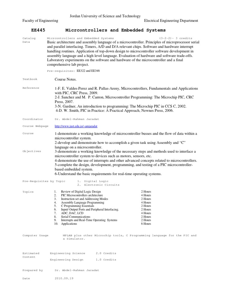EE445-ABET Form - Course Outline | Download Free PDF | Microcontroller | Embedded System