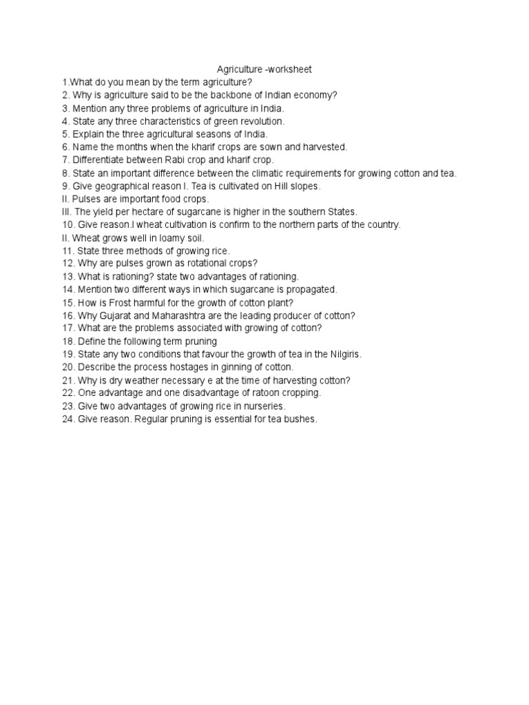 Agriculture - Worksheet | PDF