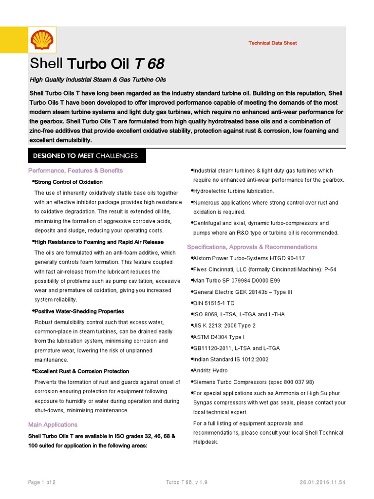 Shell Turbo T 68 | PDF | Motor Oil | Gas Turbine