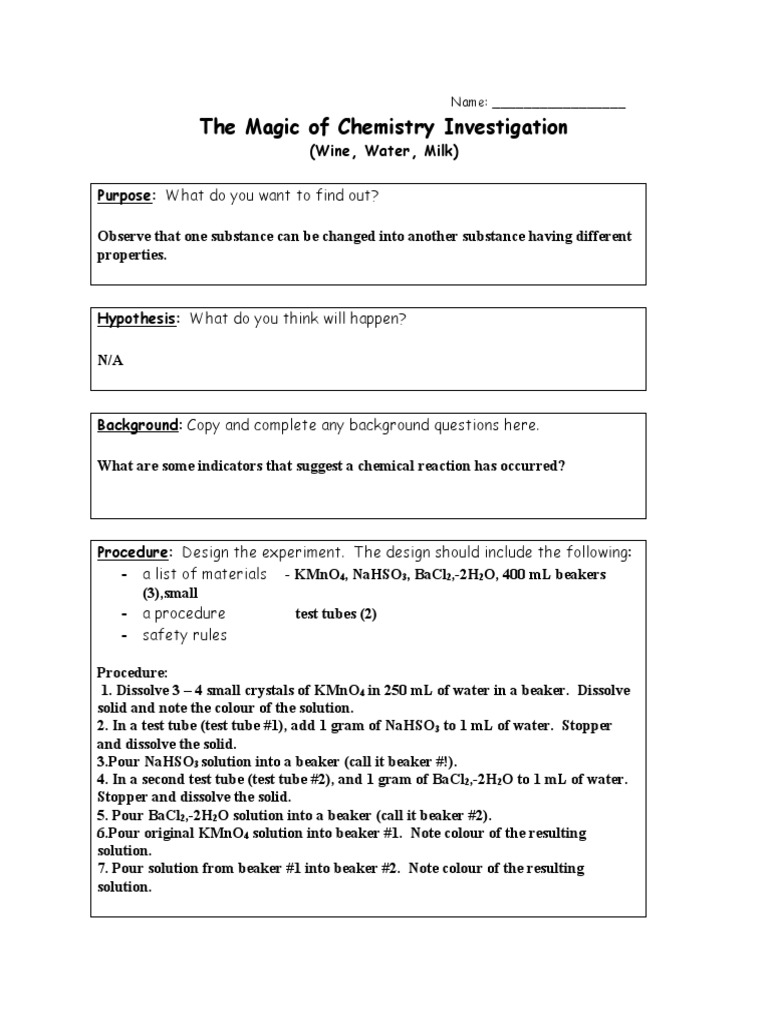 The Magic of Chemistry Investigation: Name | PDF