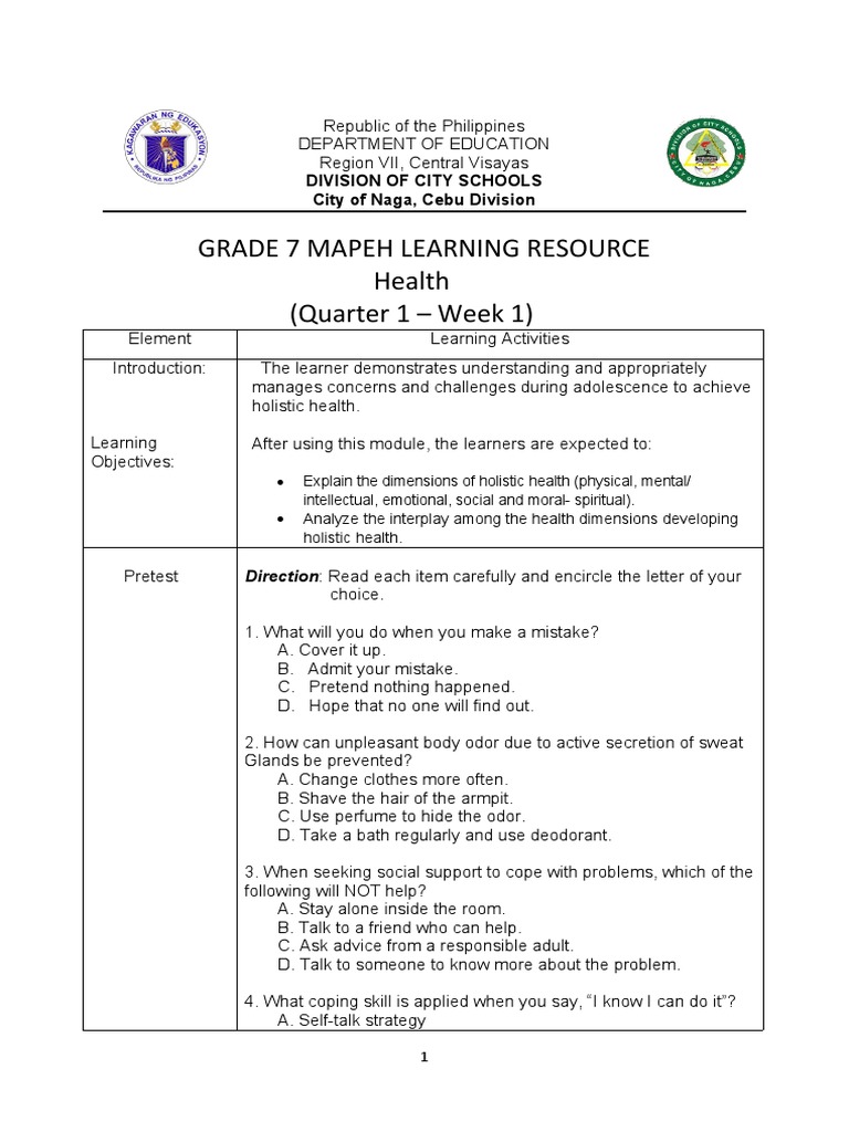 Grade 7 Mapeh Learning Resource Health (Quarter 1 - Week 1) : Division ...